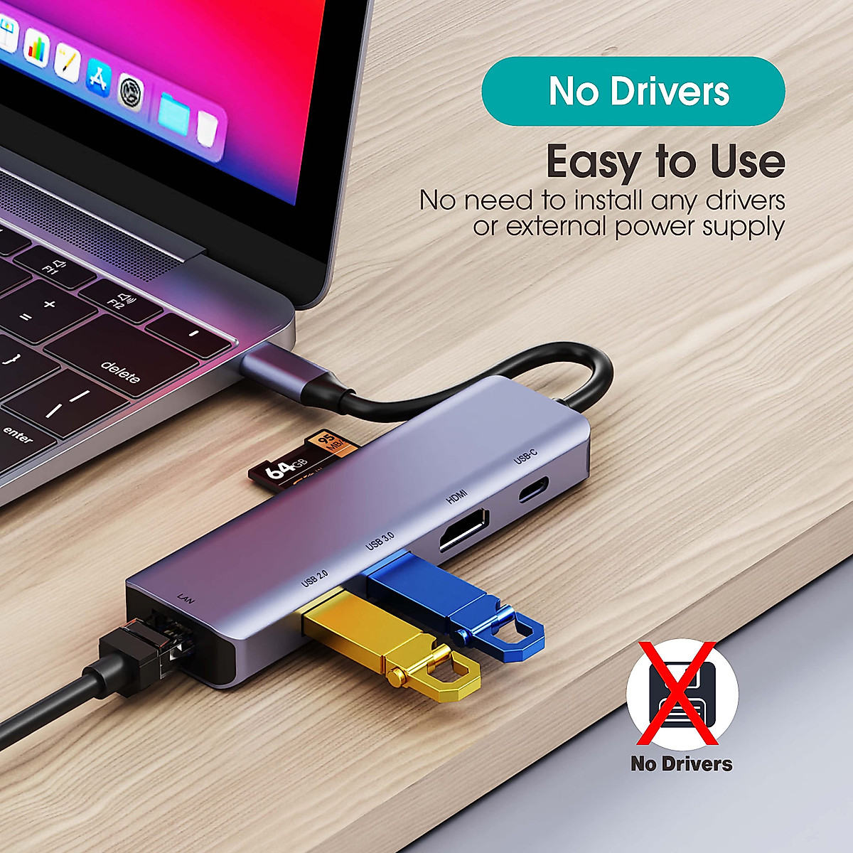 USB C Hub Multiport Adapter,EhYoo 7 Port USB-C Hub with 4K/HD 60Hz, RJ45 Ethernet, 60W PD, SD/TF Card Slots, 2X USB 3.0 5Gbps Data Ports, for ROG Ally, Smartphones, MacBook, iPad, Switch, Steam Deck