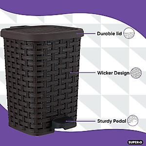 Superio Small Wicker Step On Trash Can with Foot Pedal – Outdoor and Indoor Brown 6 qt Trash Can, Waste Basket for Bathroom, Kitchen, Office, Patio, or Backyard