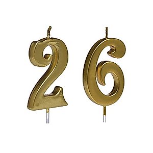 Bailym Gold 26th Birthday Candles, Number 26 Cake Topper for Birthday Decorations