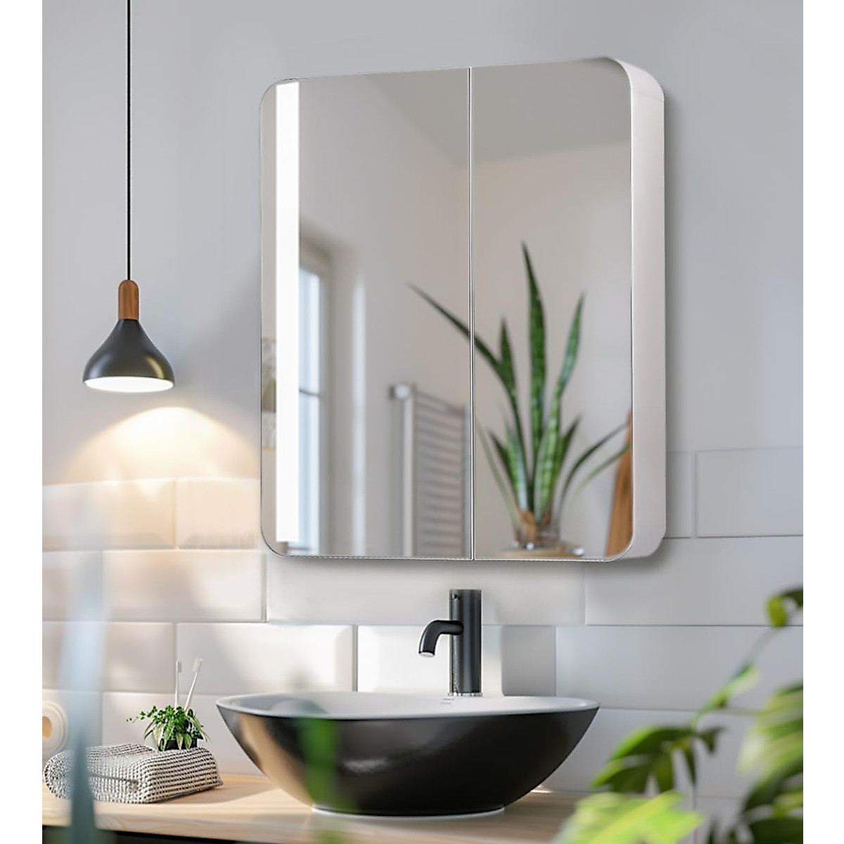 Avidanza Medicine Cabinets with Mirror for Bathroom, 24 Inch Surface Wall Mounted Bathroom Mirror with Storage, Stainless Steel Framed Beveled Mirror, with Double Door and 3 Tier, Grey