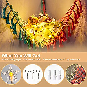 Stuffed Animal Net or Hammock with LED Light, Hanging Corner Storage Net for Wall, Toy Net Hammock Stuffed Animals Holder with Woven Tassels for Nursery Play Room Kids Bedroom Decor