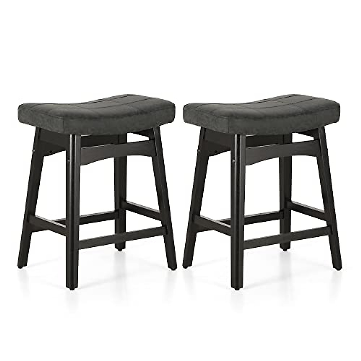 MAISON ARTS Black Counter Height Bar Stools Set of 2 for Kitchen Counter Solid Wood Legs with Faux Leather Saddle Seat Farmhouse Barstools for 34"-38" Counter Island Upholstered Stools, 24in Height