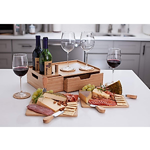 MV Bamboo Wine & Cheese Serving Tray Plus Drawer for Extra Storage Includes Coasters, Cheese Knives, Serving Boards & Handles for Easy Carrying