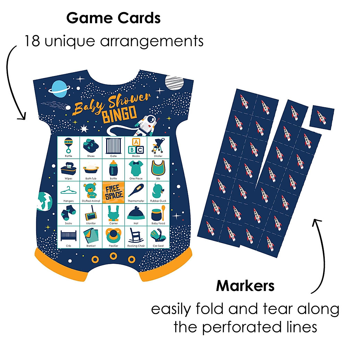 Big Dot of Happiness Blast Off to Outer Space - Picture Bingo Cards and Markers - Rocket Ship Baby Shower Shaped Bingo Game - Set of 18