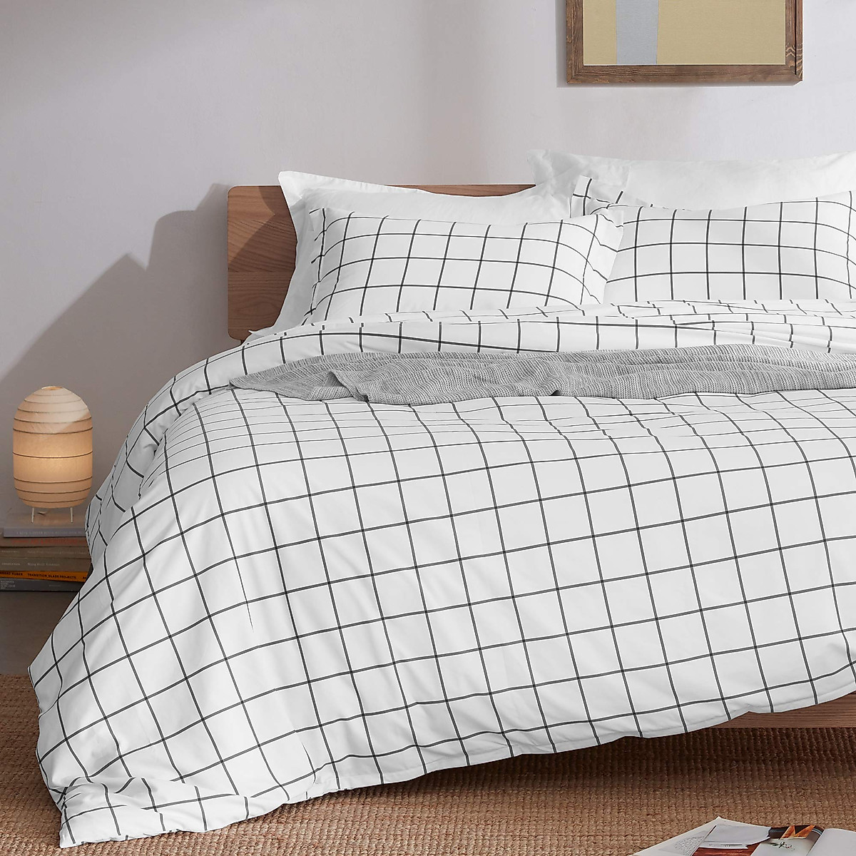 SLEEP ZONE Bedding Duvet Cover Sets Printed Grey Grid Pattern 120gsm Ultra Soft Zipper Closure Corner Ties, Grey Grid on White, King (104 x 90 inch | 2 Pillow Shams)