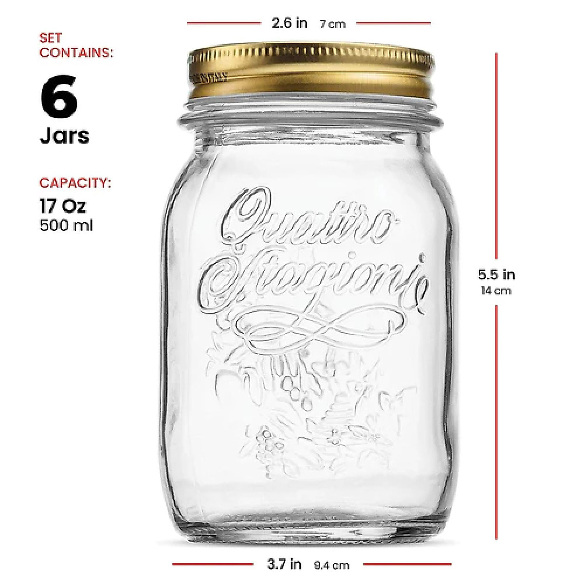 Bormioli Rocco Quattro Stagioni Set of 6 Clear Airtight Mason Jars, 17 Oz. Made from Food Safe Durable Glass, Made in Italy.