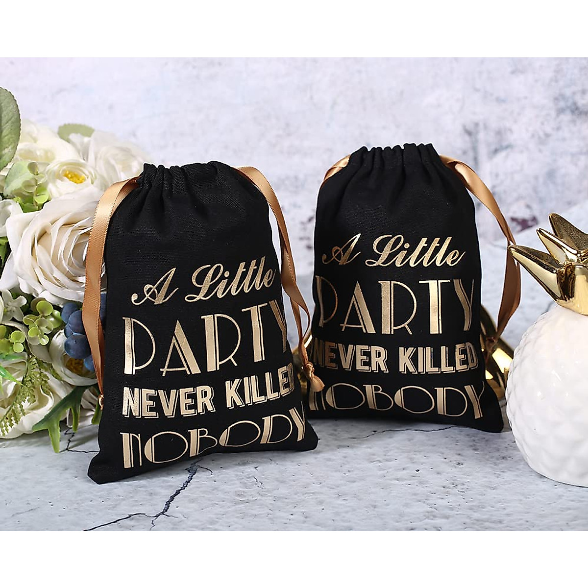Cytdkve Gold Foil Wedding Favor Bags Bachelorette Party Hangover Kit Drawstring Bags for Bridesmaid Gifts (10 Pieces, Black, 5 x 7 Inch)
