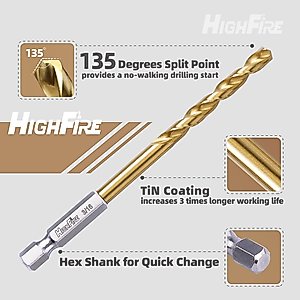 HIGHFIRE 10 Pieces Hex Shank Drill Bit Set for Impact Driver, HSS Twist Titanium Drill Bits for Metal, Hex Drive Quick Change Drill Bits Set