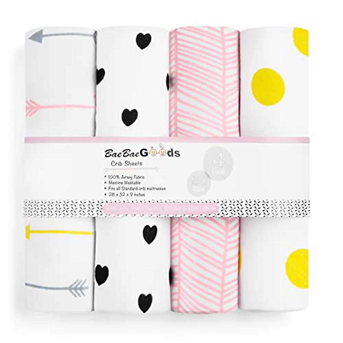 BaeBae Goods Crib Sheets for Baby Boys and Girls, 4 Pack, Soft and Breathable Jersey Knit Fitted Sheet Set, Cute Gender Neutral Nursery Mattress Bedding, Universal Fit (Gold Dots)