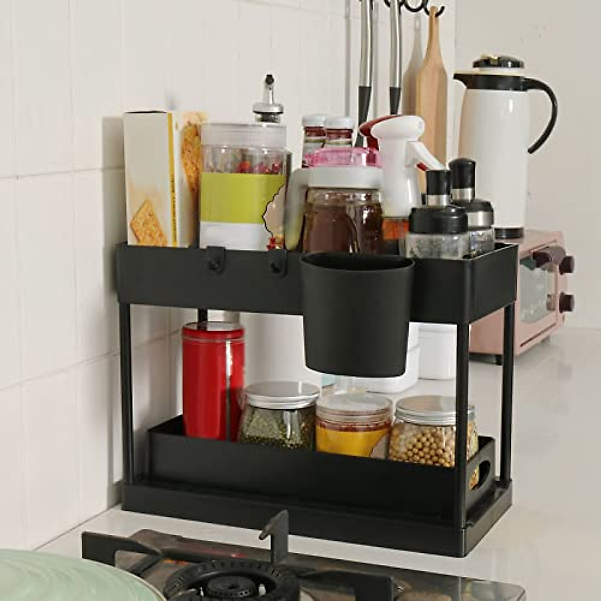 QANYEGN Under Sink Organizers, Large hatacity Slide Out Storage Baskets, PP Material Baskets for Bathrooms, Kitchens, Closets.(Black)