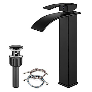 Vessel Sink Faucet Waterfall Spout Deck Mount Bathroom Matte Black Stainless Steel 304 Bowl Basin One Hole One Handle Mixer Tap with Pop Up Drain