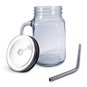 Home Suave Mason Jar Mugs with Handle Sets, Regular Mouth, Colorful Lids with Reusable Stainless Steel Straw, Kitchen GLASS 16 oz Jars & Dishwasher Safe (4, Silver)