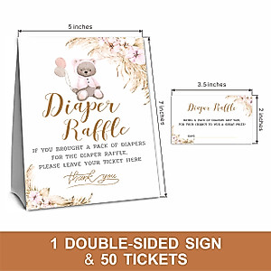 50 Diaper Raffle Tickets and 1 Self-standing Diaper Raffle Sign, Bear Boho Floral Baby Gender Reveal Party Supplies, Gender Neutral Baby Shower Decorations - LBLK-013