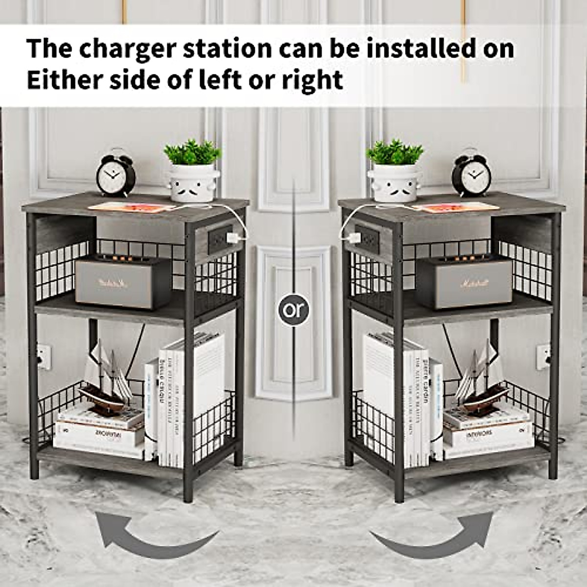 LDTTCUK Side Table with Charging Station & USB Ports,3-Tier End Table for Living Room,Study,Bedroom,Narrow Sofa Table Bedside Table with Storage Shelf,Gray Small Nightstand