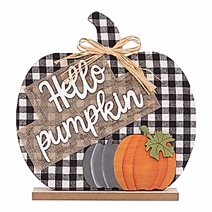 Super Holiday Fall Hello Pumpkin Sign Decorations, 12"/30CM Wooden Autumn Buffalo Plaid Tabletop Decor, for Home Farmhouse Living Room Harvest Day Thanksgiving Decor.
