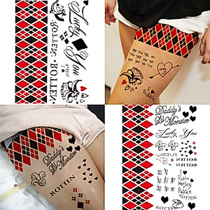 TASROI 5 Sheets Harley Quinn Tattoo Stickers For Women Men Adults, Fake Joker Harley Quinn Tattoos Suicide Squad Birds of Prey Temporary Tattoos Halloween Face Makeup, Harley Quinn Costume Accessories