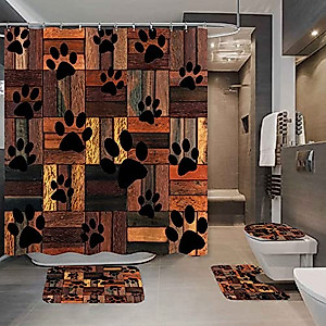 SDDSER Dog Paw Print Shower Curtain Set, 4PCS Rustic Old Barn Wood Bathroom Sets with Shower Curtain and Bath Mat, Toilet Lid Cover and U Shaped Rugs, 71" x 72" Bathtub Curtain with Hooks, SETLSSD93
