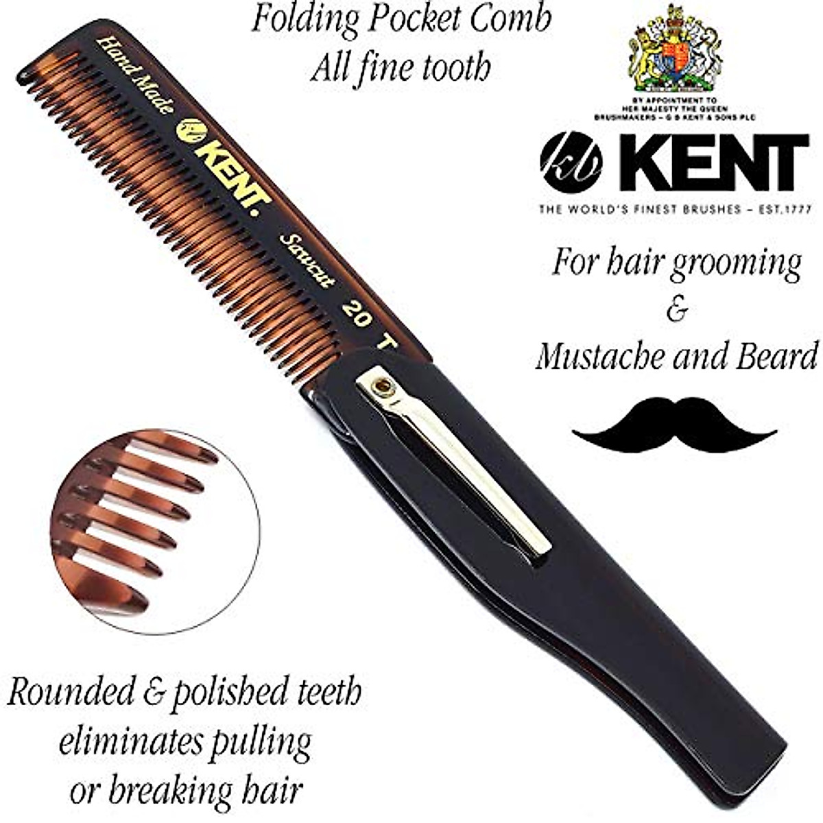 Kent 20T Handmade Folding Pocket Comb for Men, Fine Tooth Hair Comb Straightener for Everyday Grooming Styling Hair, Beard or Mustache, Use Dry or with Balms, Saw Cut Hand Polished, Made in England