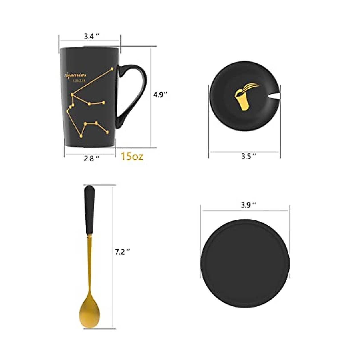 Fullcci -15oz Aquarius Birthday Gift Ceramic Creative Constellation Zodiac Coffee Mug Set Capacity Upgrade Tea Cup for Cocoa Water Milk Juice (Aquarius-Black Gold)