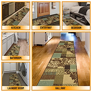 Machine Washable Damask Design Non-Slip Rubberback 3x10 Traditional Runner Rug for Hallway, Kitchen, Bedroom, Living Room, 2'7" x 9'10", Brown/Green