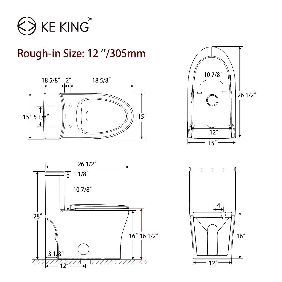 KE KING 1.28 Gpf Elongated One Piece Toilet, Powerful & Quiet Flush Modern Toilet(Side Flush) 12'' Rough-In Toilet & ADA Height