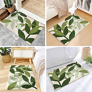 Extra Soft Flocking Green Bath Mats 18" X 26" Absorbent Non-Slip Bathroom Rugs Microfiber Shag Thick Carpet Cute Plant Bathroom Rugs Machine Washable Floor Mat for Tub Shower Bath Room