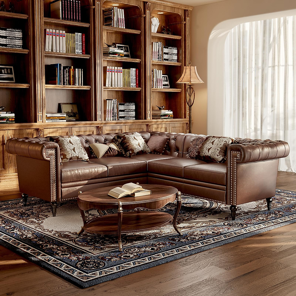 EYBCT Faux Leather Sectional Sofa Couch for Living Room, L Shaped Reversible Modern Chesterfield Sofa with Rolled Arms and Nailhead, 5 Seat Tufted Couch for Small or Large Space (Dark Brown)