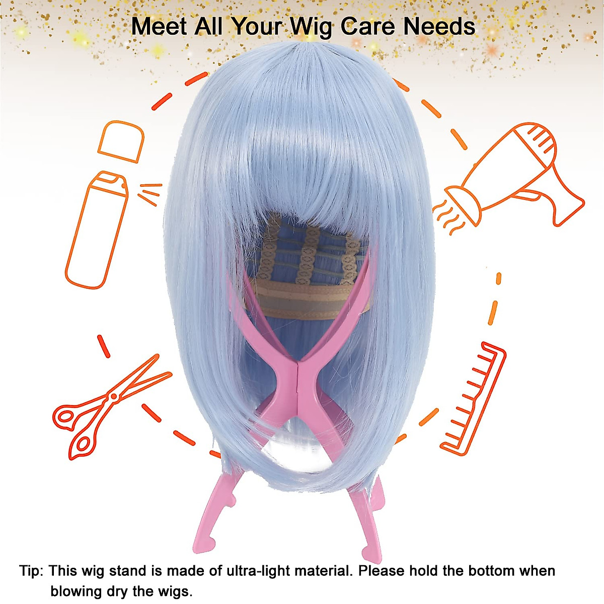 MISSUHUI Wig Stand Wig Holder, Short Wig Stand Portable Wig Head Stand, Collapsible Wig Holder for Multiple Wigs, Wig Display Stand Tool Travel Wig Stand (2Pcs Pink)