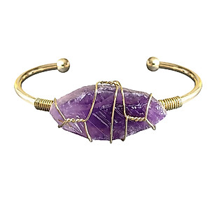 Amethyst Bangle Bracelet, Gold Plated Wire Wrap Natural Purple Crystal February Birthstone Bracelet Cuff for Women, Handmade Adjustable Irregular Raw Gemstone Large Wrists, 0.8’’~1.4’’