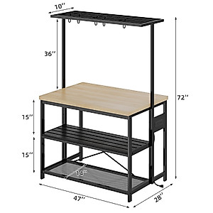 47" Large Kitchen Island Table Bakers Rack with Power Outlet and 3-Tier Storage-Microwave Stand Oven Shelf, Metal Coffee Bar Table ,Kitchen Storage Shelf for Dining Living Room, 5 Hooks，47"*28"*72"