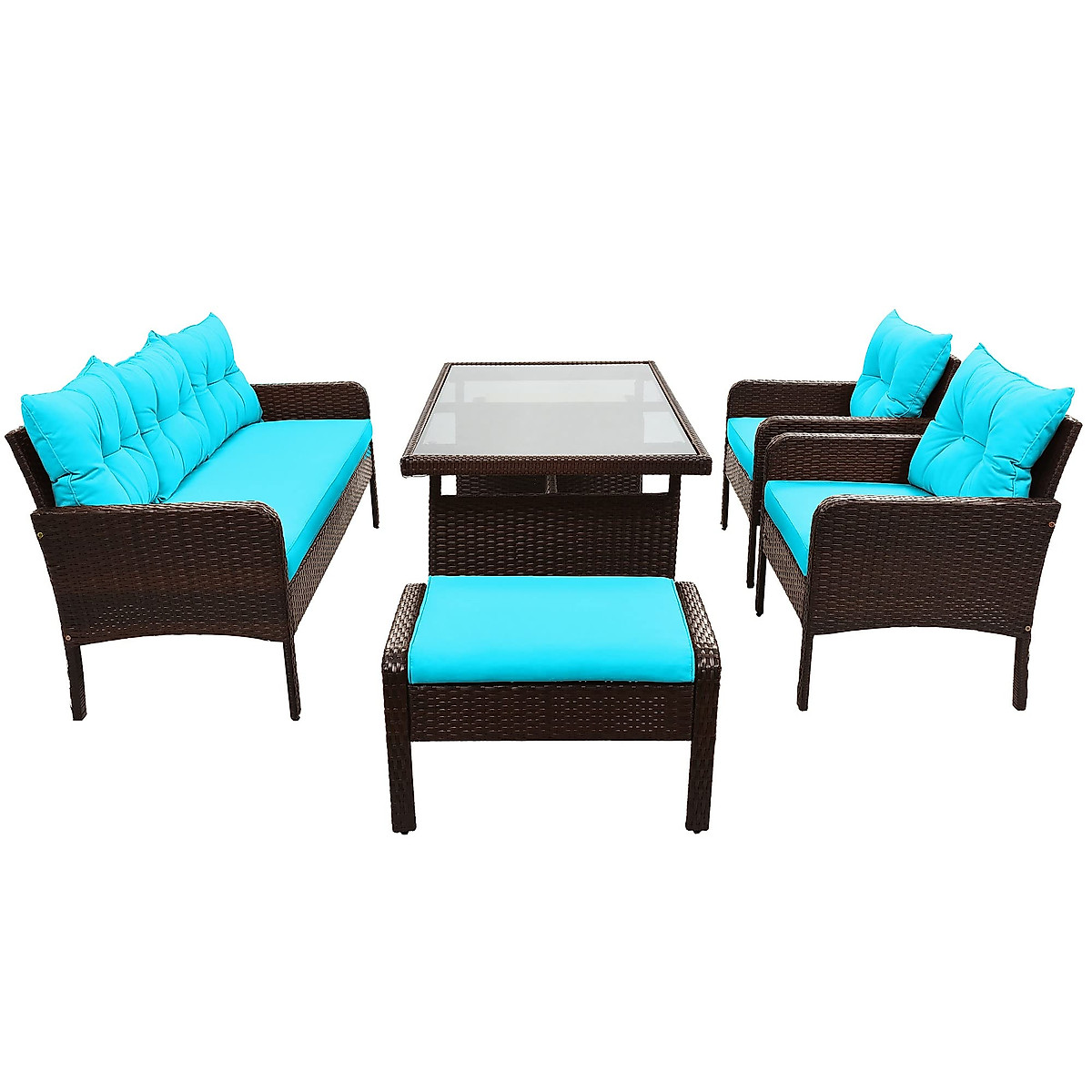 BIADNBZ 6-Piece Outdoor Patio Furniture Set, PE Rattan Conversation Sofa with Stools, Removable Cushions and Tempered Glass Tea Table for Backyard, Poolside, Deck, Brown Wicker+Blue Cushio