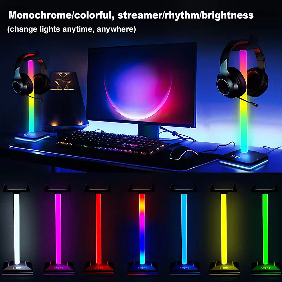 MOCIUN RGB Gaming Headphone Stand, Headset Gaming Headset Stand with Usb2.0 Hub and 3.5mm Port Audio T-ouch Control Led Strip Lamp Backlight Computer Desktop Display Holder USB Port (A)