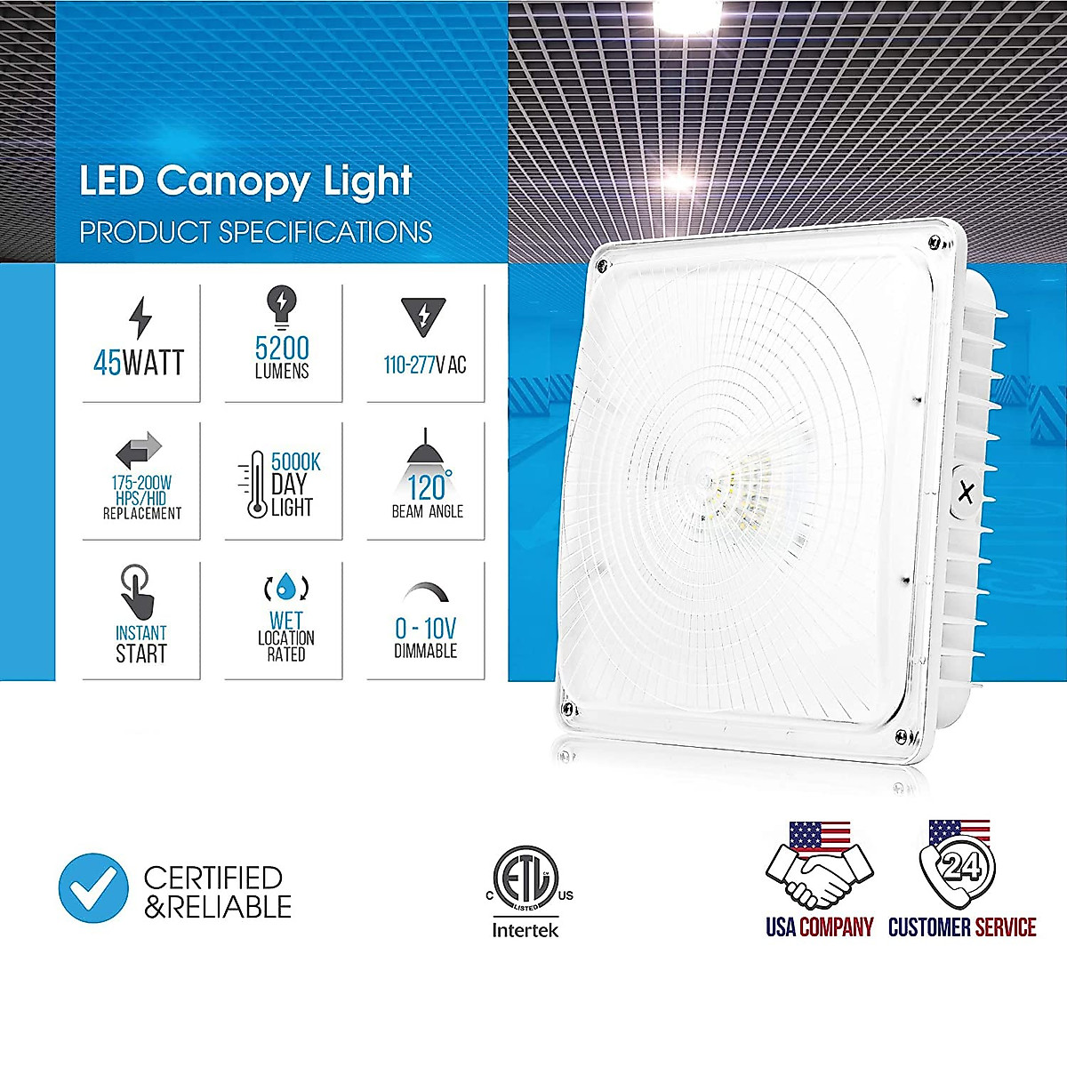 PARMIDA LED Canopy Light, 45W, 0-10V Dimmable,110-277VAC, IP65 Waterproof, ETL-Listed, 5000K (Day Light), 9.6" x 9.6", Gas Station, Street, Area & Outdoor Lighting, White