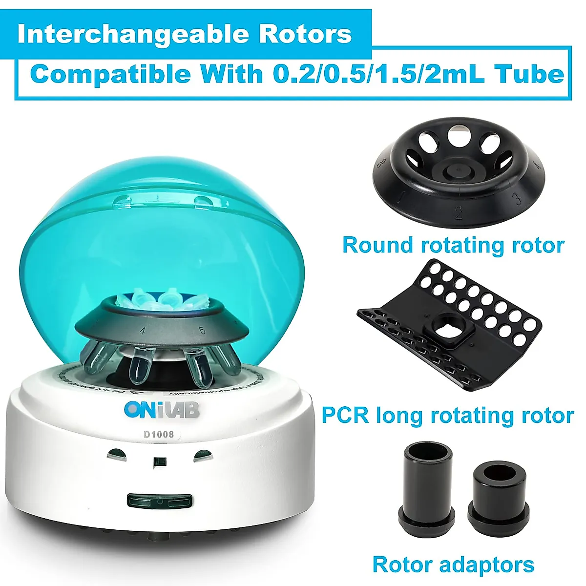 ONiLAB's Scientific Mini Centrifuge 5000RPM, 1360 x g RCF, Lab Benchtop Centrifuge with 2 Rotors for 8 x 0.2/0.5/1.5/2.0ml and 0.2mL×32 PCR Strips, Low Noise≤45dB, 100-240V,Green lid