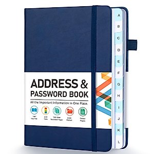 Address Book, Address and Password Keeper Book with Alphabetical Tabs, Hardcover Telephone Book Address Organizer Record with Pocket, Colored Pages, 5.3" x 7.7", Navy Blue