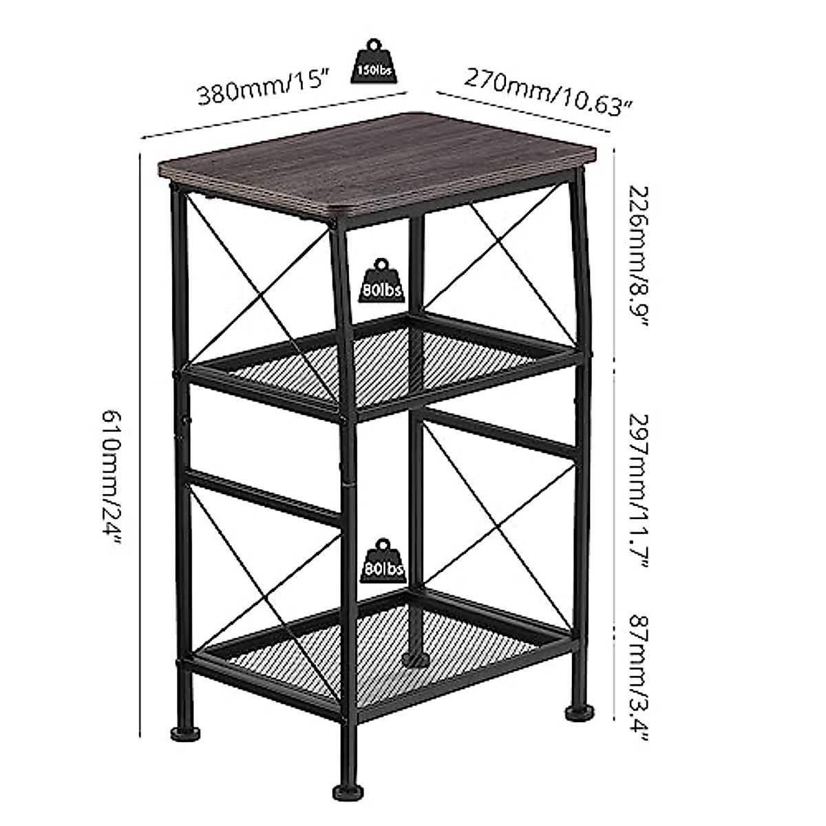 ruboka 3-Tier Small End Tables,Narrow Side Table with Steel Grid Storage Shelves,Slim Nightstand X-Design Sofa Side Table Small Bookshelf Bookcase,Display Rack for Living Room,Bedroom (Grey)