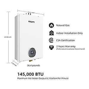 FOGATTI Natural Gas Tankless Water Heater, Indoor 6.3 GPM, 145,000 BTU White Instant Hot Water Heater, InstaGas Comfort 145 Series