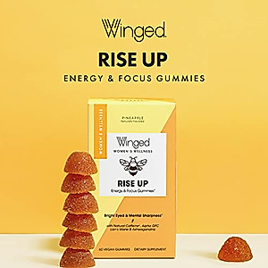 Winged Rise Up Gummies | Energy & Brain Boost Supplement | Natural Caffeine, Ashwagandha & B12 for Energy | Nootropics Alpha-GPC, Lion’s Mane & Huperzine A for Focus | Pineapple Flavor (30 Servings)
