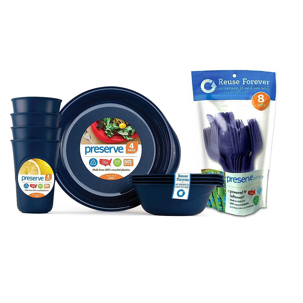 Preserve Reusable BPA Free Everyday Tableware Set with Cutlery Made from Recycled Plastic: 4 Plates, 4 Bowls, 4 Cups and 24 pieces of Cutlery, Midnight Blue