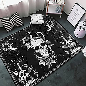 Skull Black and White Snake Moth Skeleton Mandala Moon Star Pattern Area Rug Rugs Non-Slip Floor Mat Doormats Living Dining Room Bedroom Dorm 60 x 39 inches inches Home Decor
