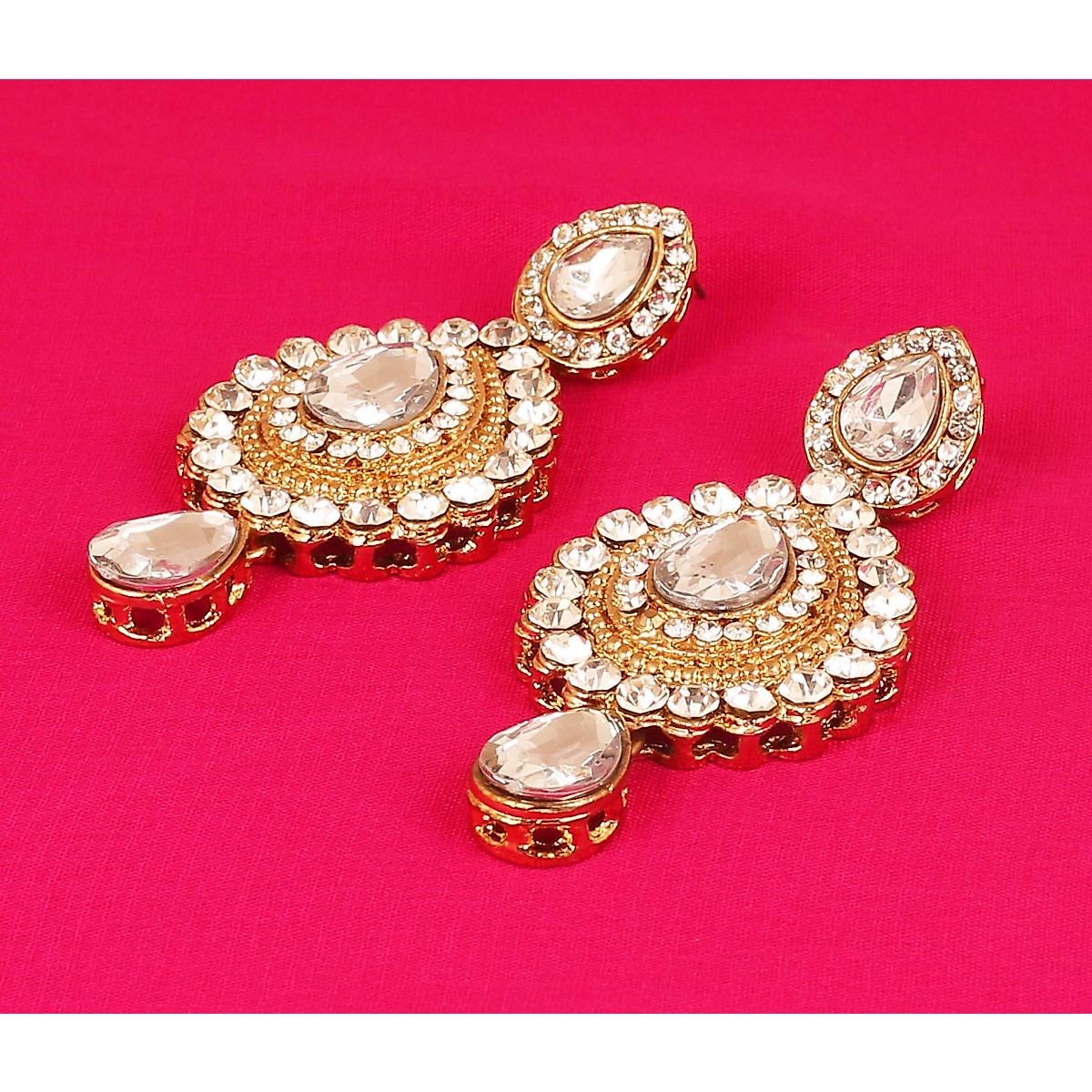 Touchstone Indian Bollywood Desire Contemporary Diamond Look White Rhinestone Designer Jewelry Chandelier Earrings In Antique Gold Tone For Women.