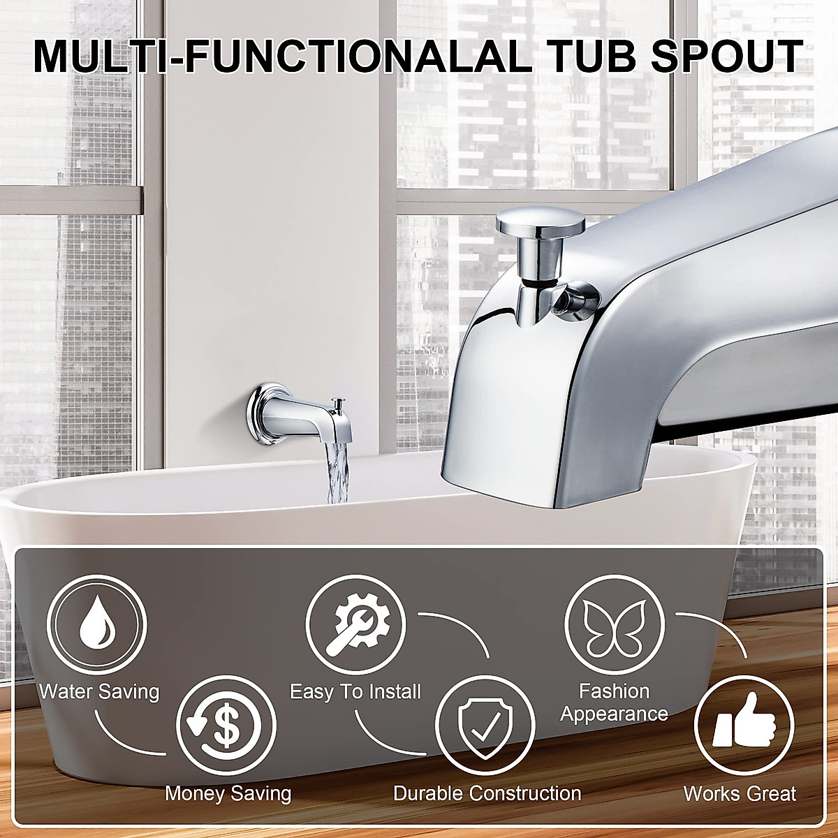 1 Pack Slip on Tub Spout with Diverter, Compatible with American Standard 8888026.002 Tub Spout, Bathroom Bathtub Faucet, Fits 1/2" Copper Water Tube(5/8" Diameter), Polished Chrome, 5/32" Hex Wrench