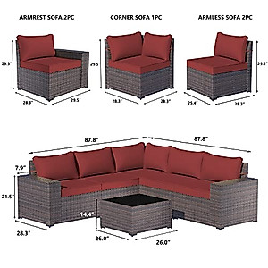 Halmuz 6 Piece Patio Furniture Sets Outdoor Conversation Sofa Set, All-Weather High Back PE Rattan Wicker Sectional Furniture Patio Sofa w/Tempered Glass Top Table&Thickened Cushions(Red)