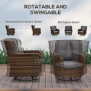 Outsunny 4 Piece PE Wicker Patio Furniture Set, Conversation Set with 2 360° Swivel Rocking Armchairs, 1 Loveseat Sofa, Thick Cushions and Glass Table Top Table, Gray