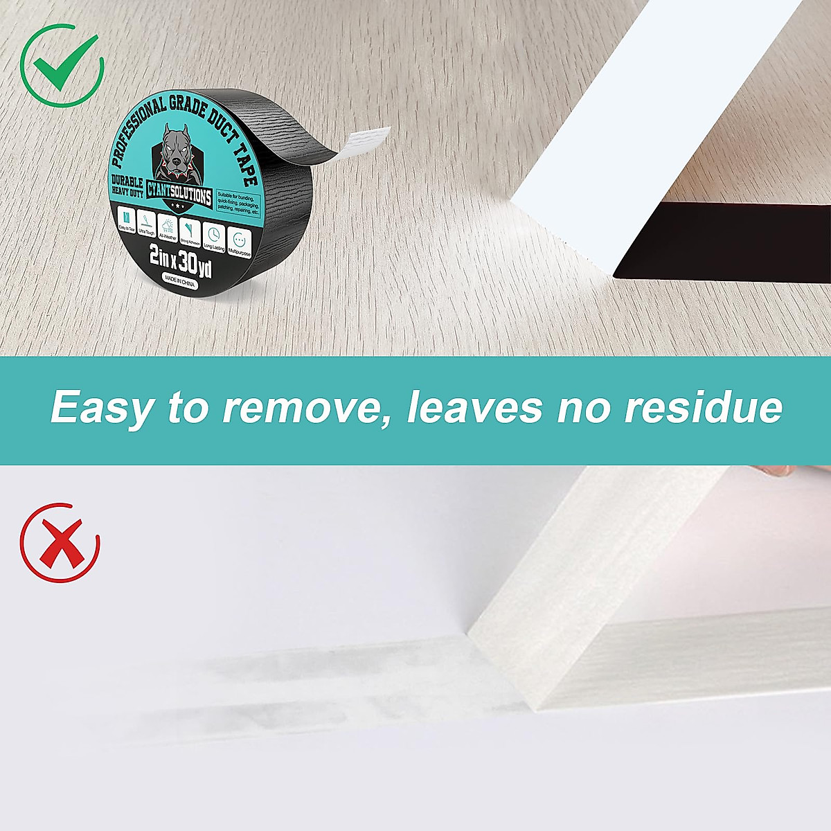 CyantSolutions Black Duct Tape Heavy Duty, Super Strong Sticky and No Residue Black Waterproof Duct Tapes, Multi-Use Duct Tapes for Packaging, Binding, Material Handling, 1 Roll (2 Inch x 30 Yards)