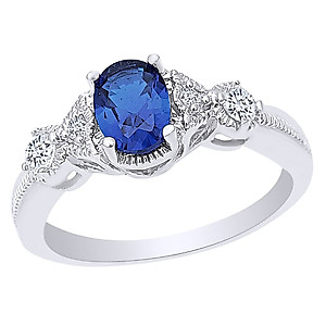 AFFY Oval Cut Simulated Blue Sapphire & Cubic Zirconia Fashion Ring in 14k White Gold Over Sterling Silver Ring Size - 12.5