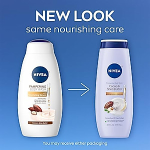 NIVEA Pampering Cocoa and Shea Butter Body Wash with Nourishing Serum, Moisturizing Body Wash for Women, Enriched with Provitamin B5 and Vitamin E, 20 Fl Oz Bottle