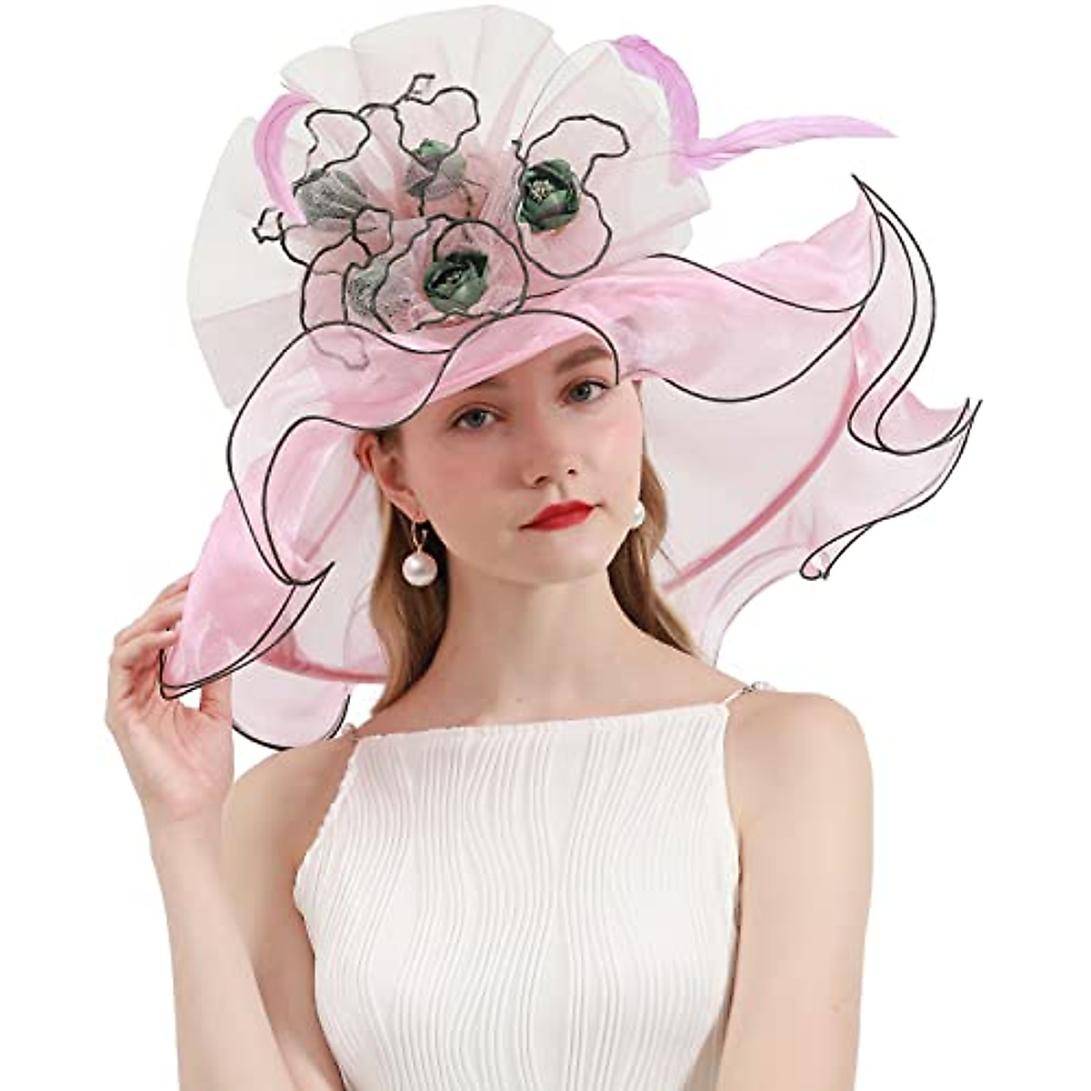 TLMNU Women Derby Church Hat Organza Flower Wedding Tea Party Fascinator Hat Wide Brim Sun Hat A2-Pink with Flower