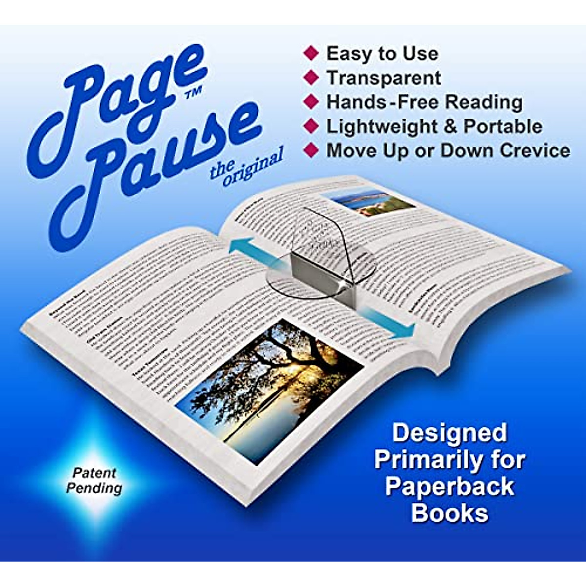 Page Pause - New Product ! - Book Page Holder - for Paperback Books Only (Not Hardbacks) - Hands Free Reading, Taking Notes, Treadmill, Computer - Insert in Books Crevice & Pages Stay Open - Bookmark