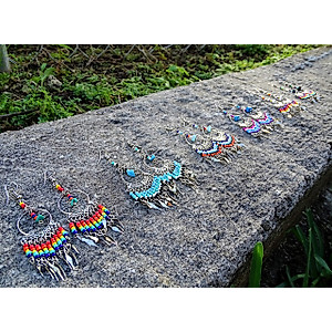 Native American Inspired Chip Stone Round Silver Metal Hoop Beaded Dangle Earrings - Womens Fashion Handmade Jewelry Tribal Accessories (Teal/Rainbow)